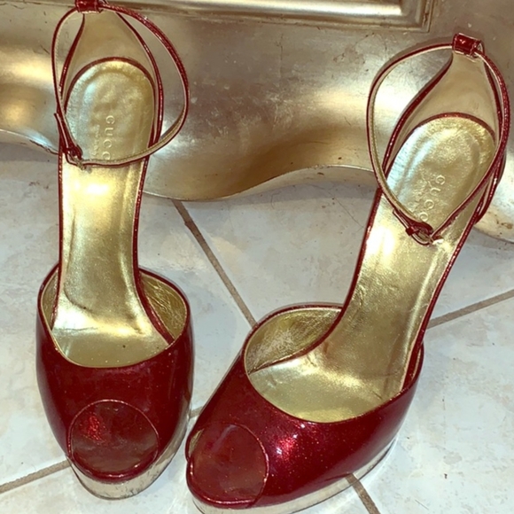 Gucci | Shoes | Gucci Shimmering Red Anklestrap Heels | Poshmark